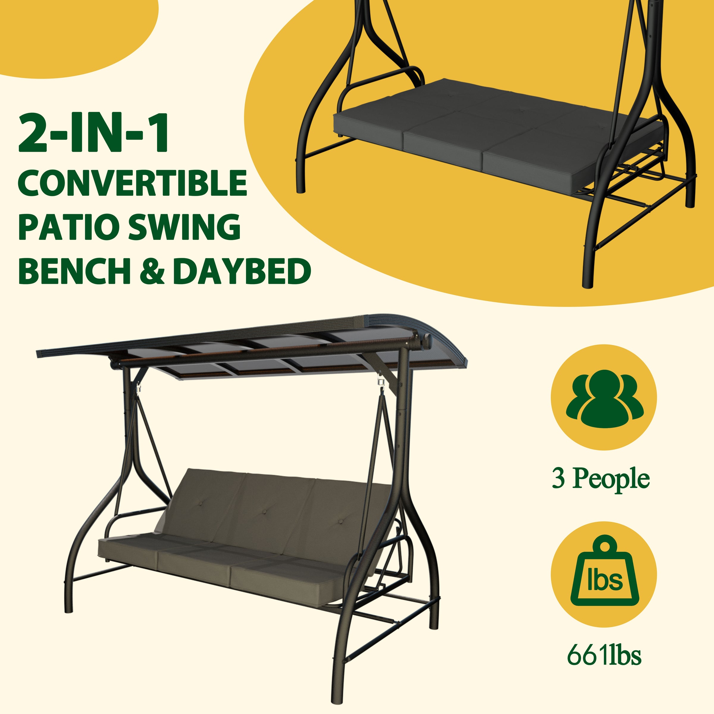 VEIKOUS Outdoor Patio Porch 3-Seat Swing with PVC Hardtop Canopy – Veikous