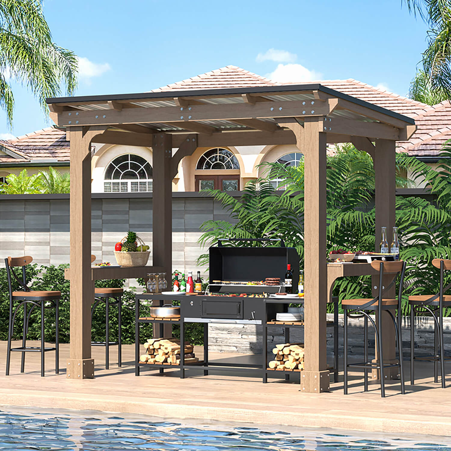 Wood Grill Gazebo with Sloping Roof for Outdoor, Multiple Sizes – Veikous