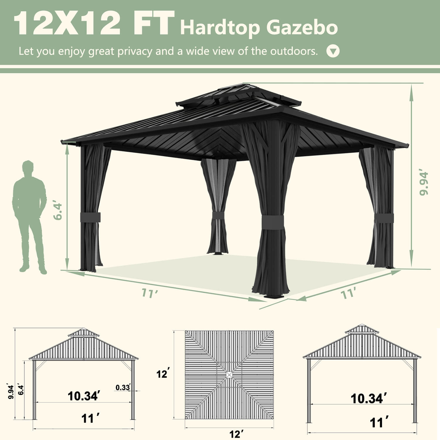 VEIKOUS 12x12 Hardtop Gazebo, Aluminum Double Roof – Veikous