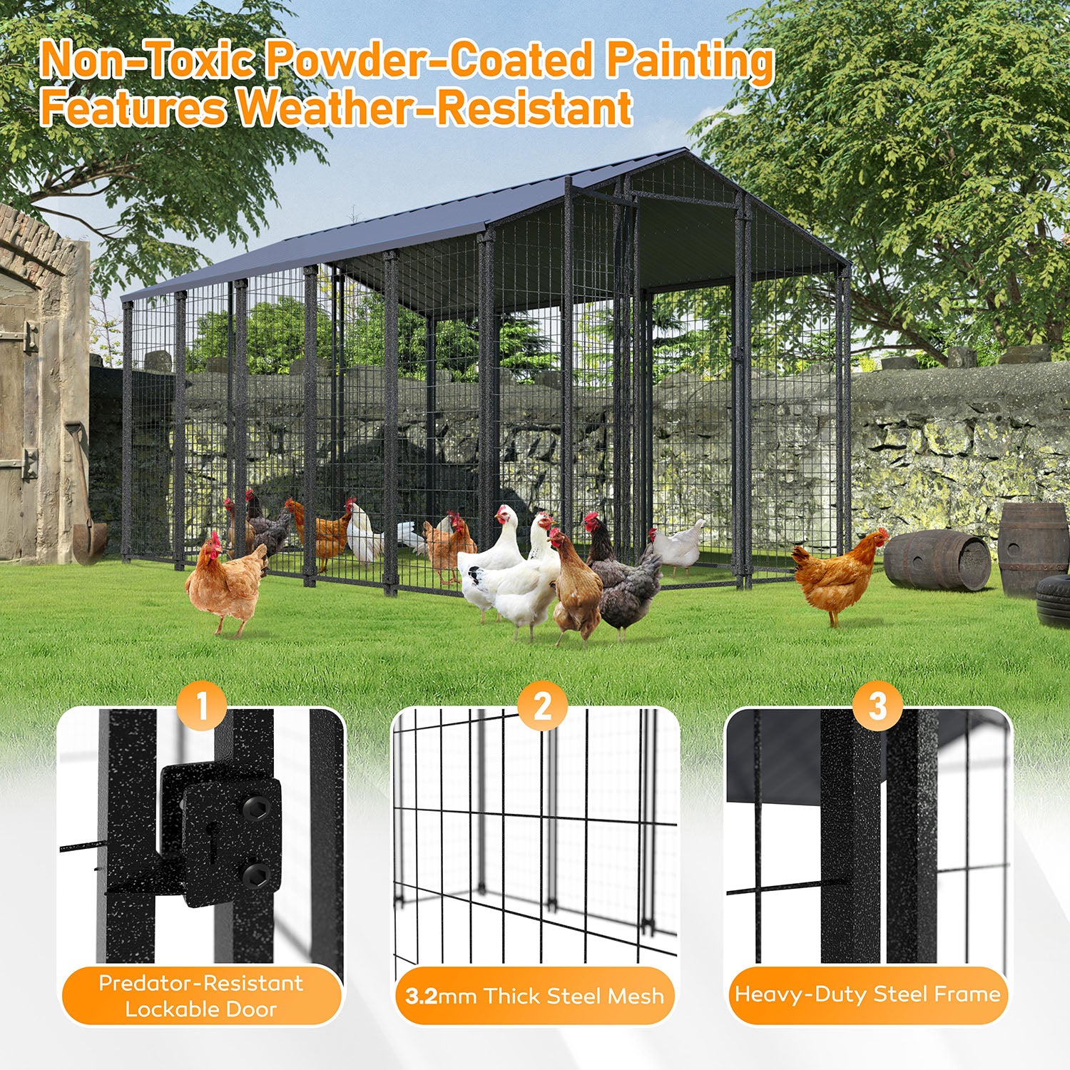 Metal Chicken Coop for 15 Chickens, Galvanized Steel Roof & Mesh – Veikous